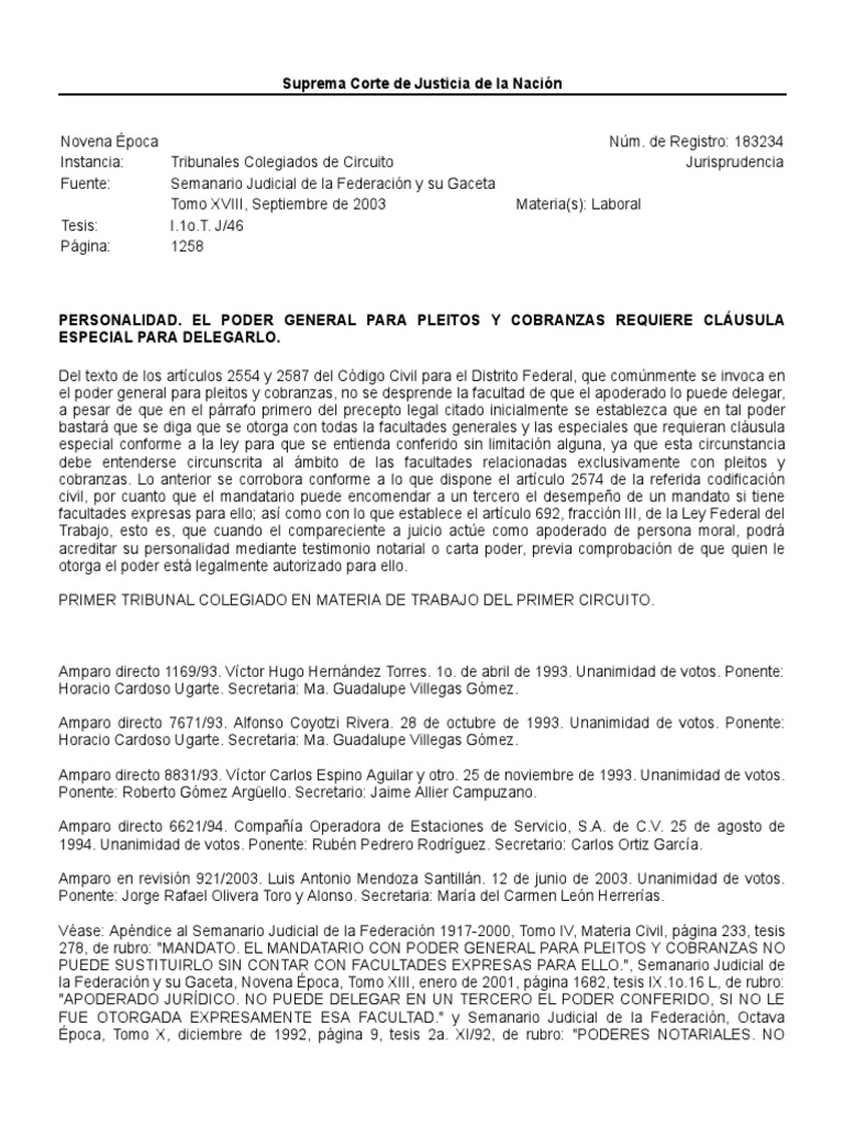 Tesis 183234 PERSONALIDAD. EL PODER GENERAL PARA PLEITOS Y COBRANZAS ...