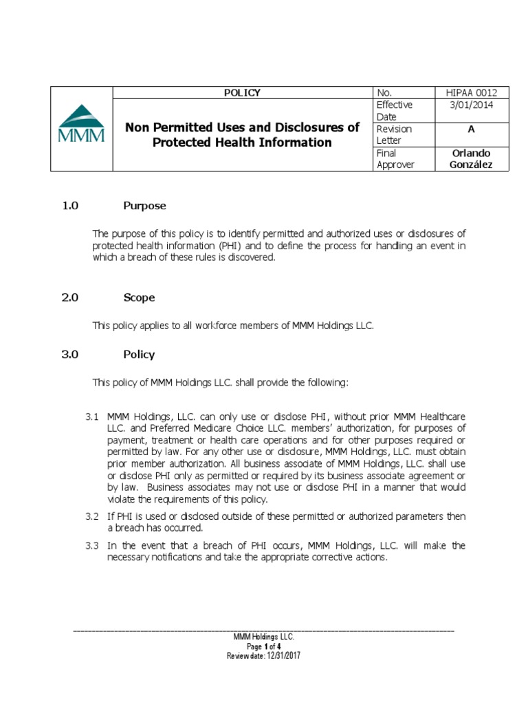 HIPAA 0012 Non Permitted Uses and Disclosures of PHI Policy | PDF ...