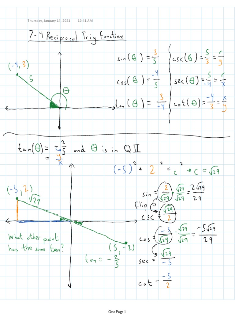 7-4 Notes - Reciprocal Trig Functions | PDF