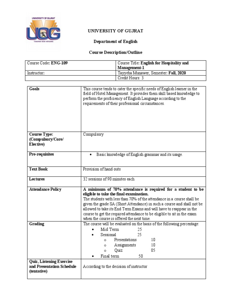 University of Gujrat Department of English Course Description/Outline ...