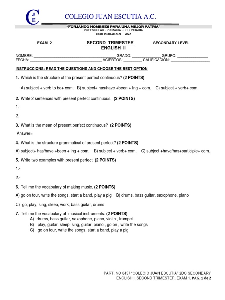 FORMATO de EXAMEN English (Recuperado Automáticamente) | PDF