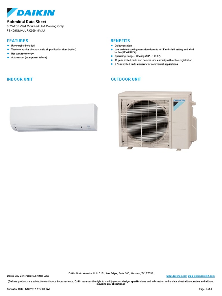 Features Benefits: Submittal Data Sheet | Download Free PDF | Air ...