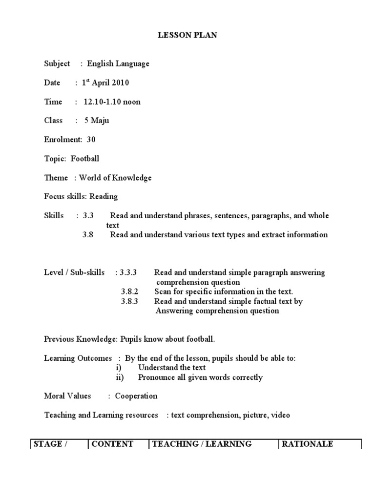 Lesson Plan Football | PDF | Reading Comprehension | Question
