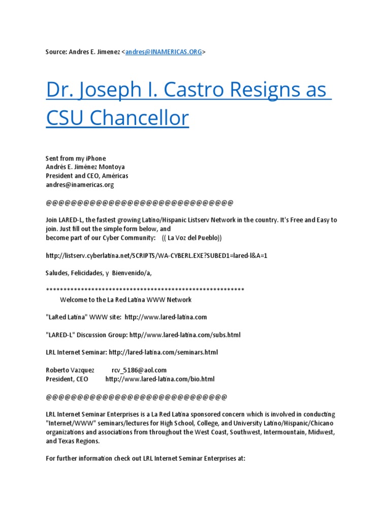 Dr. Joseph I. Castro Resigns As CSU Chancellor | PDF