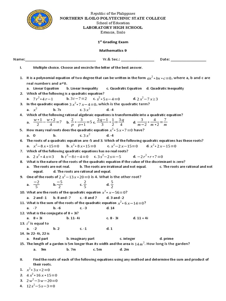 Grade 9 Math Exam 1st G | PDF | Equations | Quadratic Equation