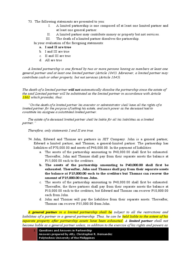 Questions and Answers in Partnership Answers Prepared by Atty ...