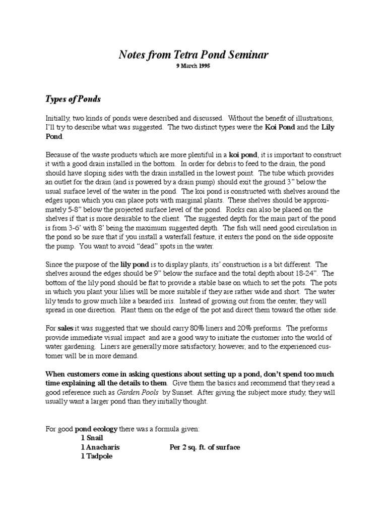 Tetra Pond Notes | PDF | Pond | Water