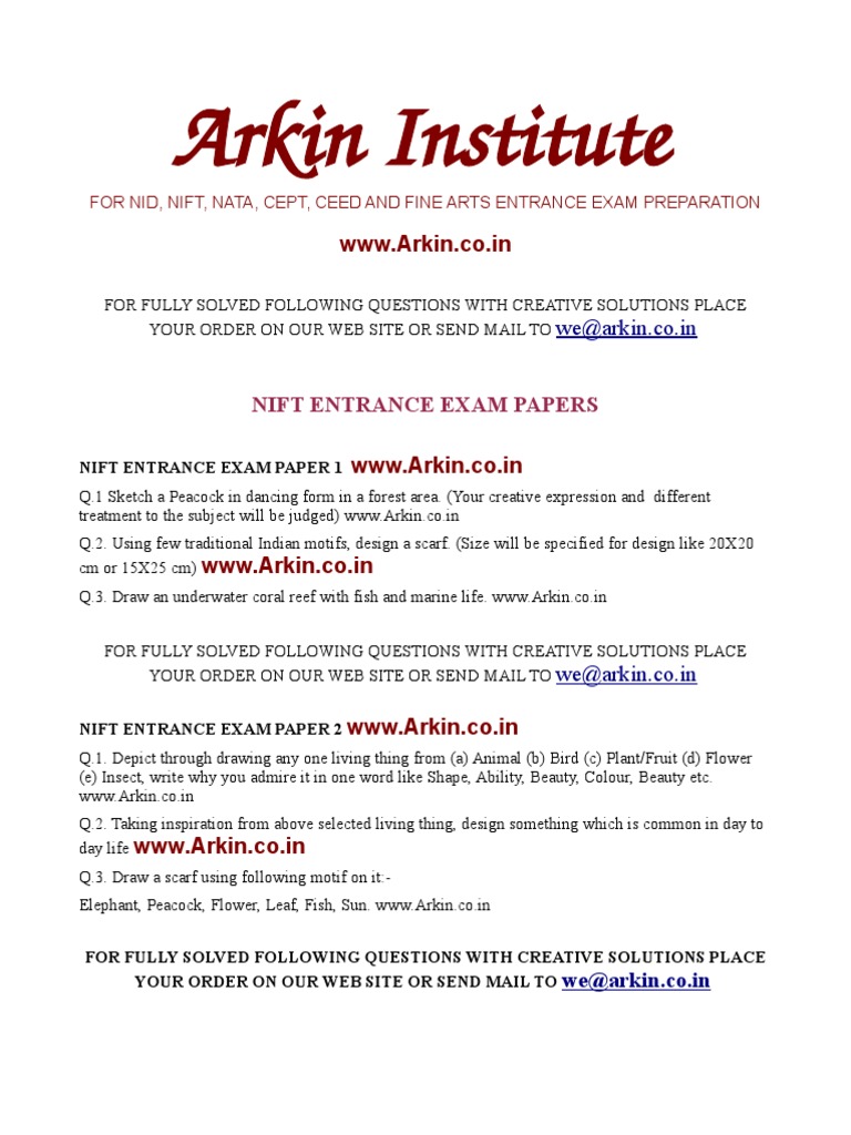 ARKIN - NIFT Creative Part Question Papers For Last Ten Years Creative ...