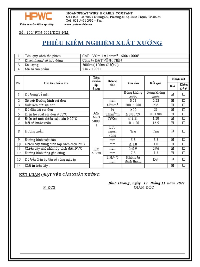 Phiếu Kiểm Nghiệm Xuất Xưởng: Số: 100/ PTN-2021/KCS-NM | PDF