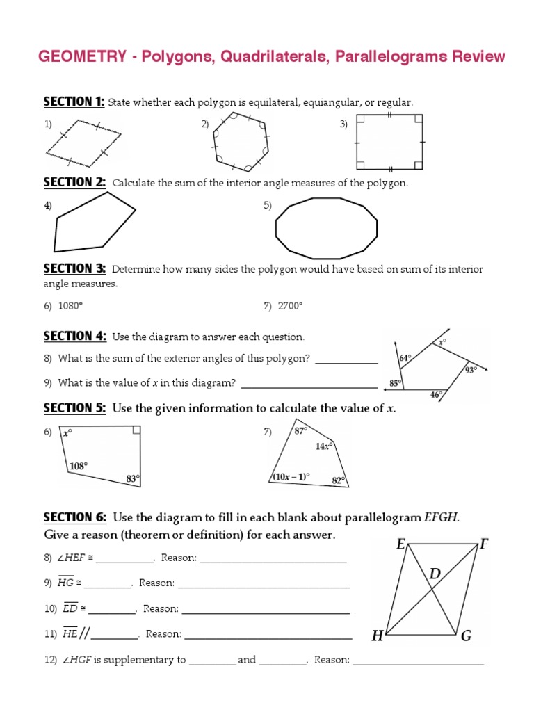 Geometry - Quadrilatera - Parallelogram Review Worksheet - Student ...