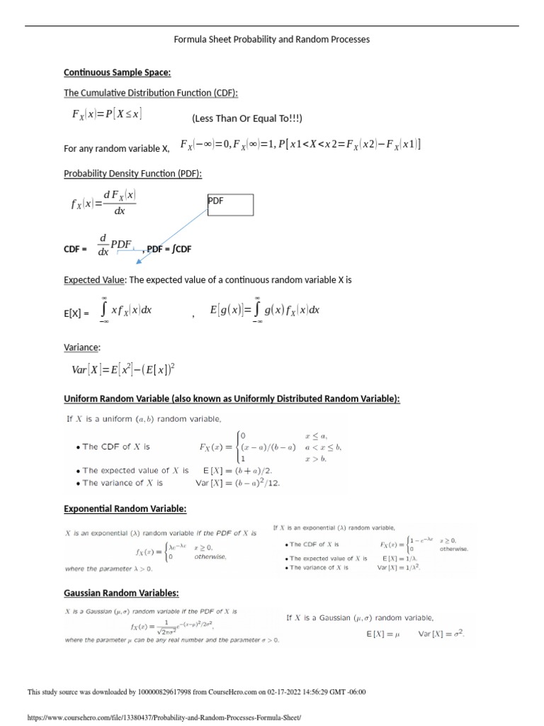 Probability and Random Processes Formula Sheet | PDF | Probability Density Function | Random ...