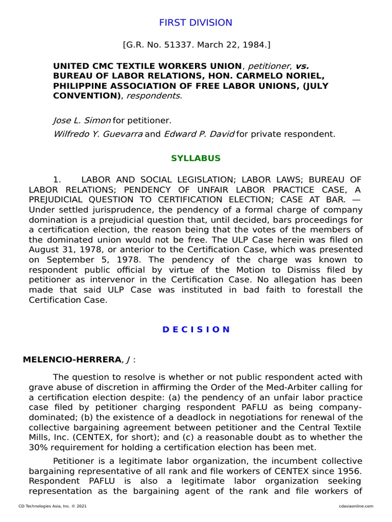 The Pendency of an Unfair Labor Practice Case Charging Union Domination ...