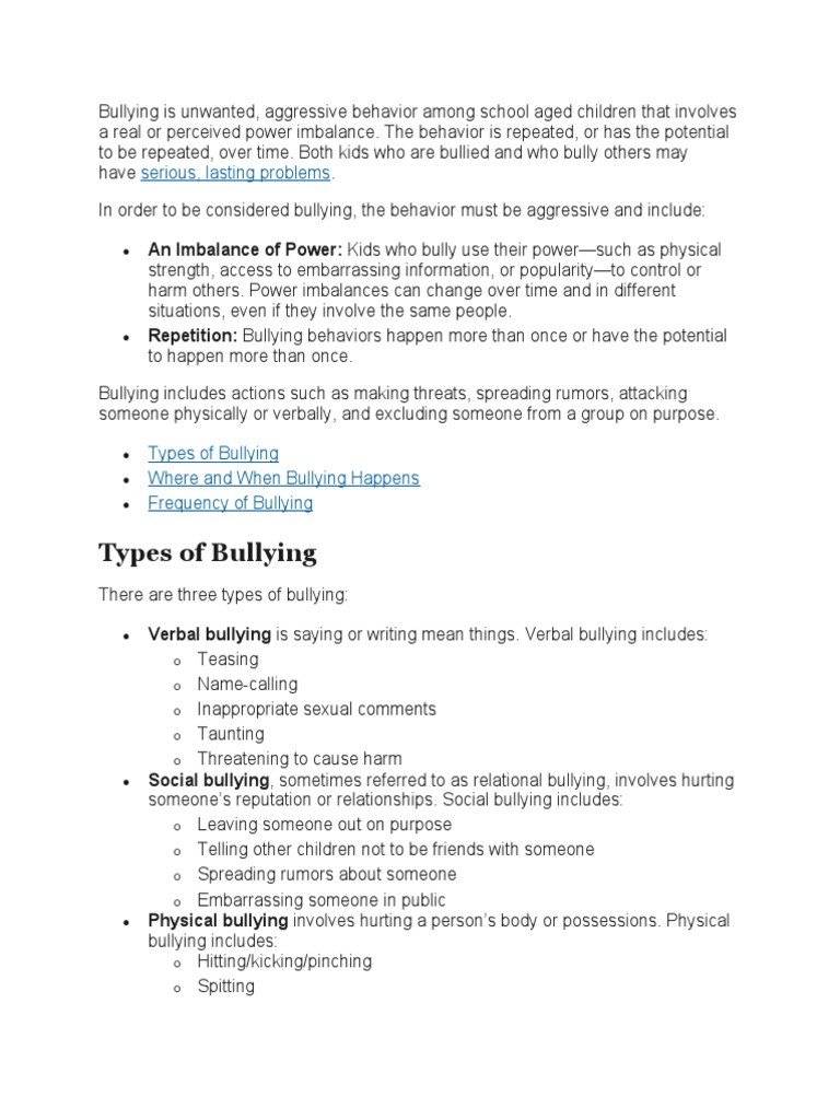 Types of Bullying: Serious, Lasting Problems | PDF | Bullying | Violence
