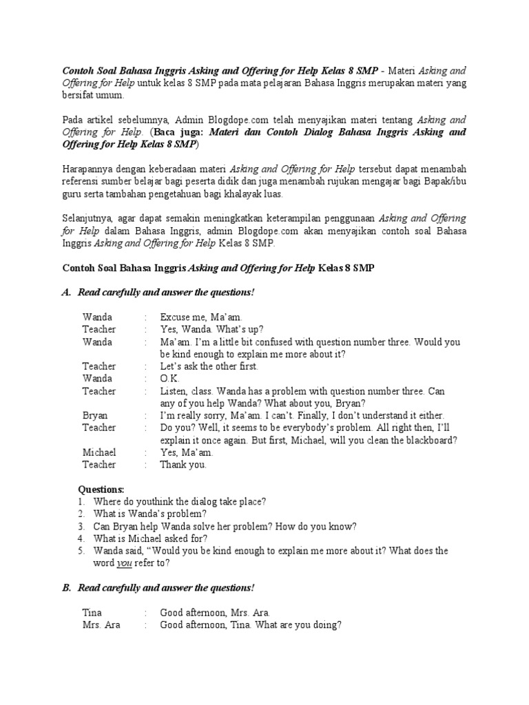 1 Contoh Soal Bahasa Inggris Asking and Offering For Help Kelas 8 SMP | PDF