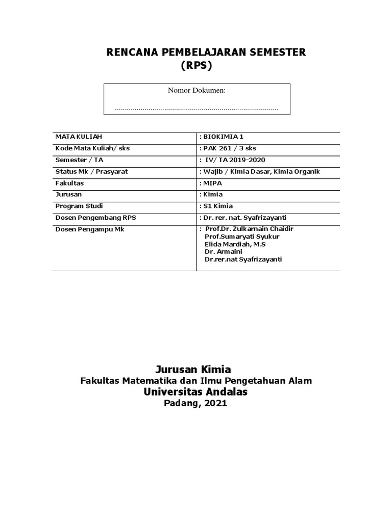 RPS Biokimia 1 S1 Kimia Unand | PDF