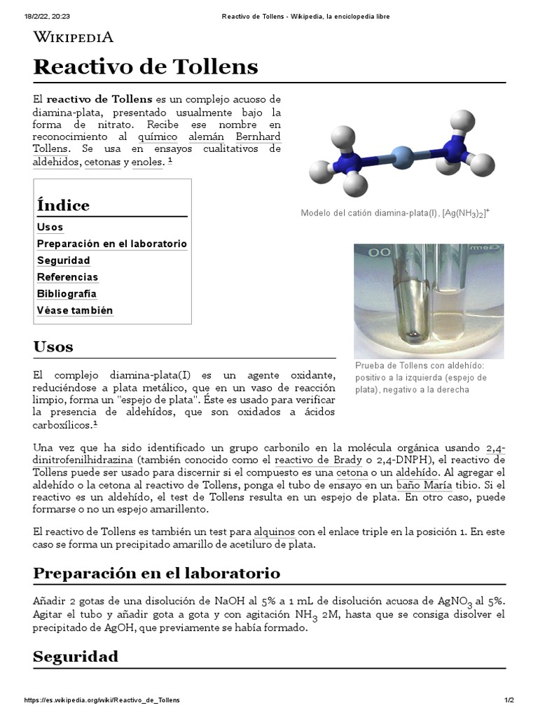 Reactivo de Tollens - Wikipedia, La Enciclopedia Libre | PDF | Química ...