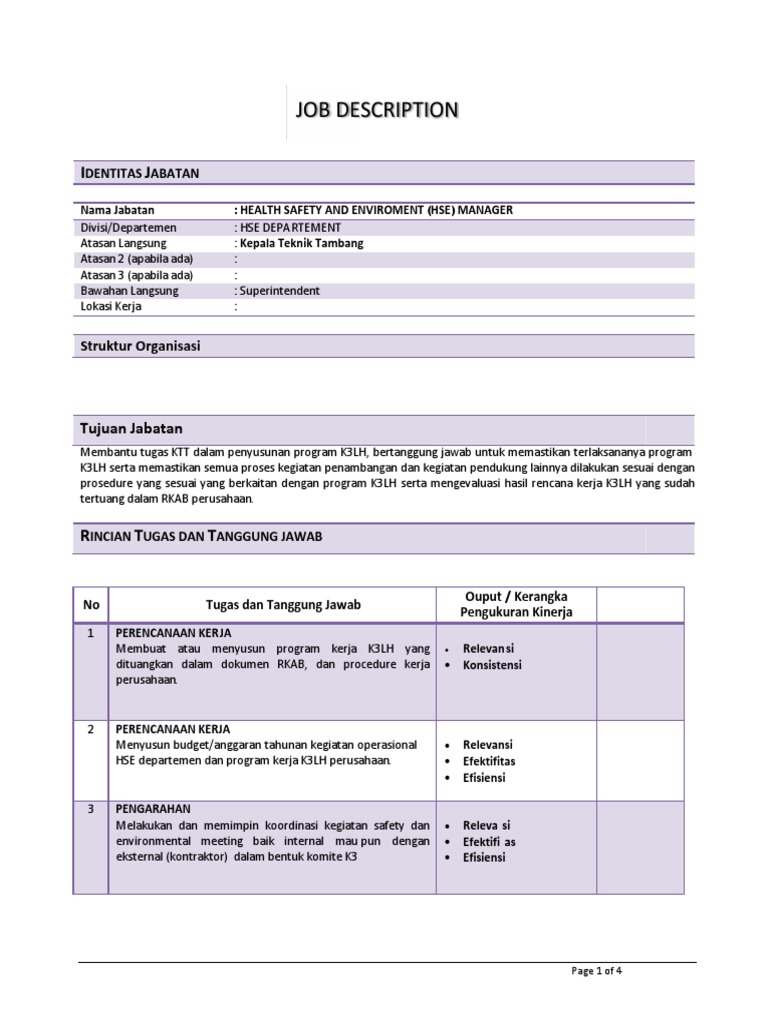 JobDesc-HSE-Manager 1 | PDF | Teknologi & Rekayasa