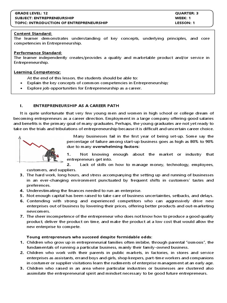Grade Level: 12 Quarter: 3 Subject: Entrepreneurship Week: 1 Topic ...