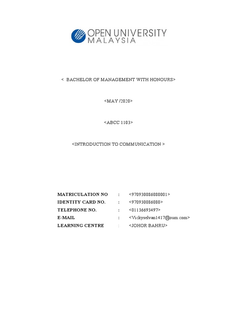 Matriculation No: Identity Card No.: Telephone No.: E-Mail: Learning ...
