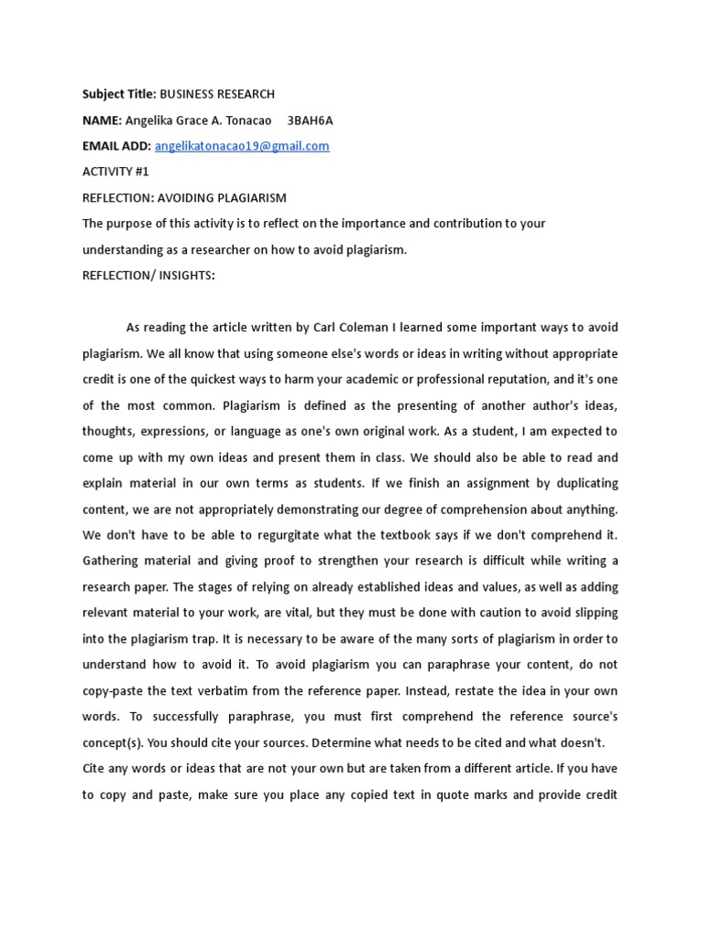 Tonacao - Reflection - Avoiding Plagiarism - 3bah6a | PDF | Career ...