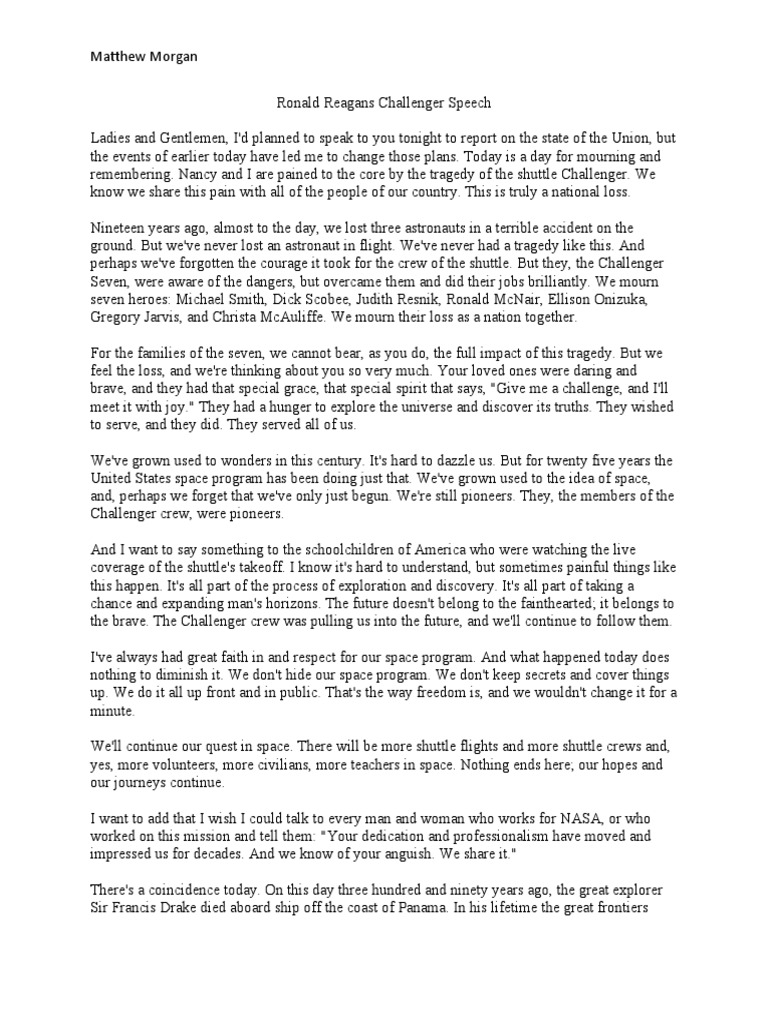 Ronald Reagans Challenger Speech | PDF | Space Shuttle Challenger ...