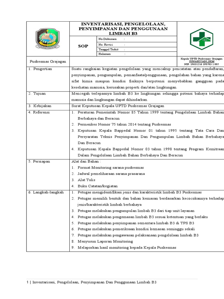 Sop Inventarisasi, Pengelolaan, Penyimpanan Dan Penggunaan Limbah B3 | PDF