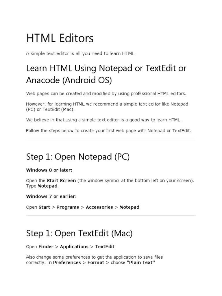 HTML Editors: Learn HTML Using Notepad or Textedit or Anacode (Android ...