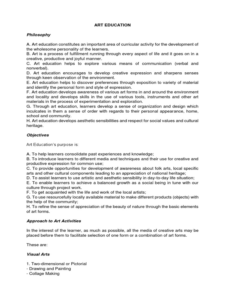 ART EDUCATION (Philosophy and Objectives) | PDF | Learning | Teachers