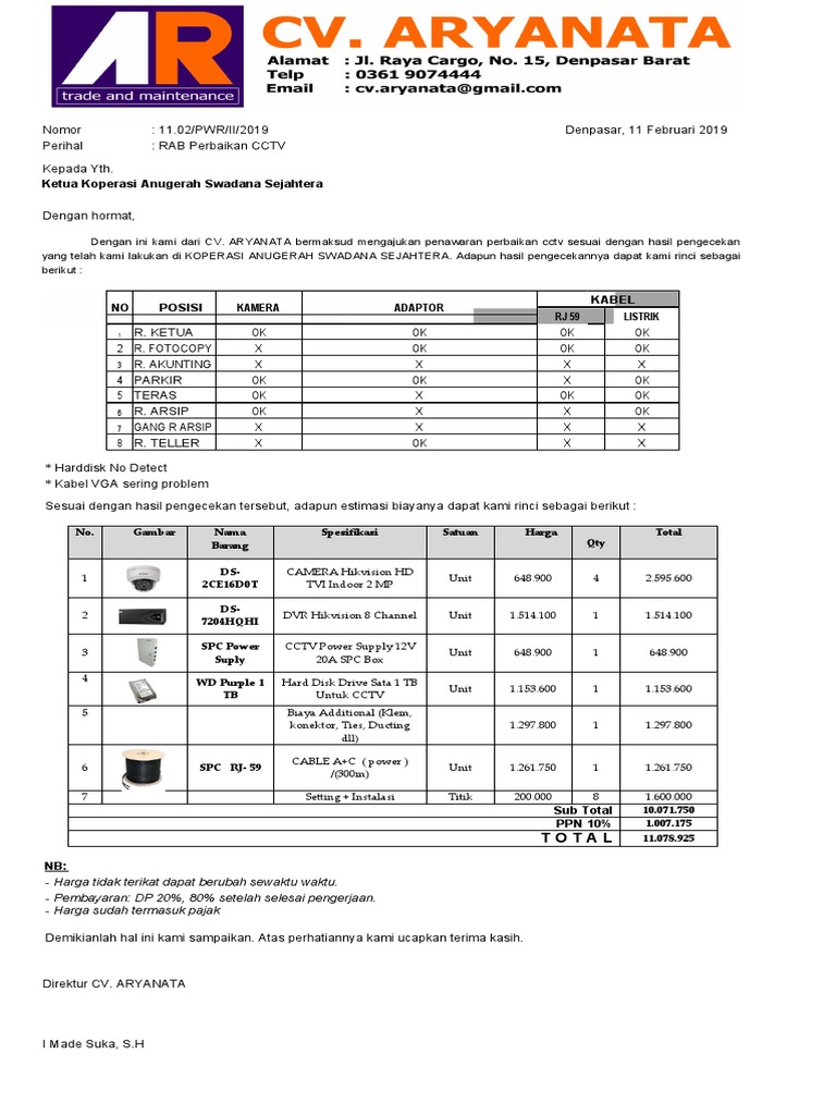 RAB Perbaikan CCTV Koperasi Anugerah Swadana Sejahtera - Fix | PDF