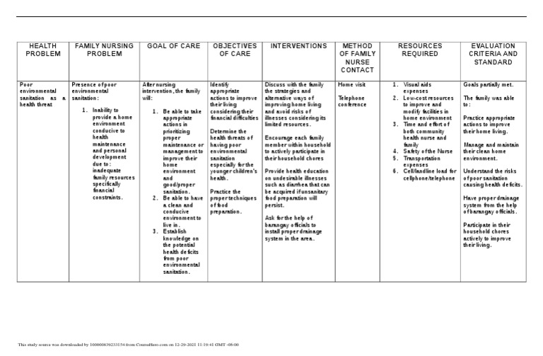 Ely Mae Abunin Family Nursing Care Plan Poor Environmental Sanitation | PDF | Sanitation | Nursing