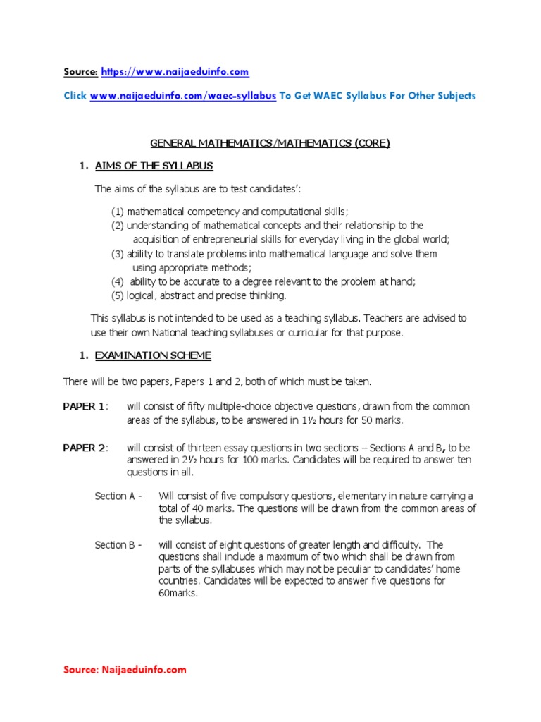 WAEC Mathematics Syllabus 2025 | PDF | Trigonometric Functions ...
