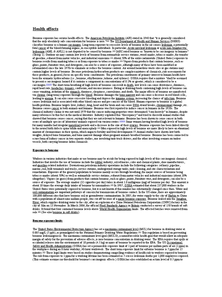 Health Effects: Exposure To Benzene | PDF | Benzene | Vinegar