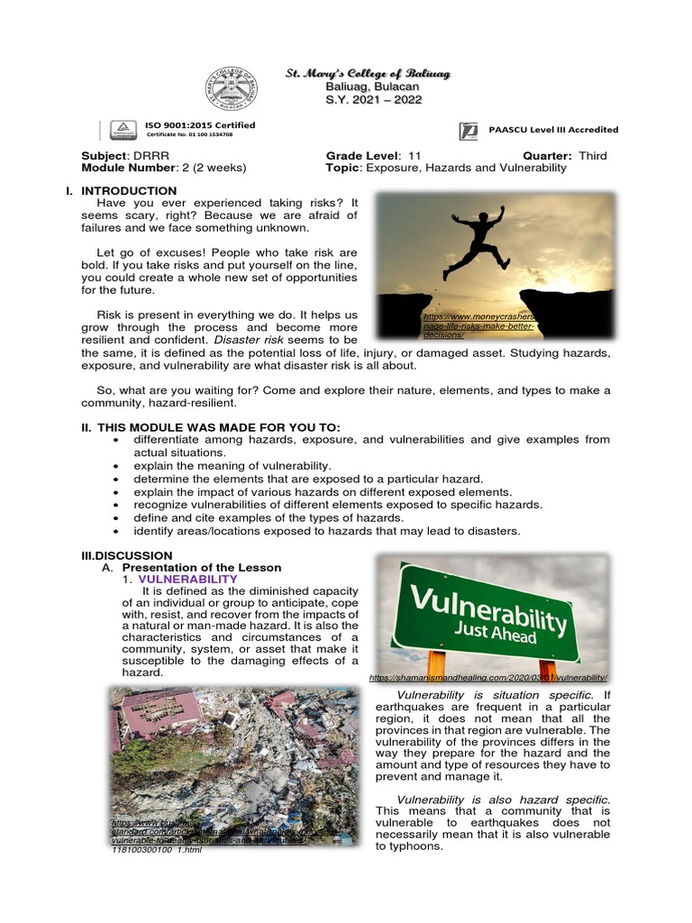 DRRR Module 2 Exposure, Hazards and Vulnerability | Download Free PDF ...
