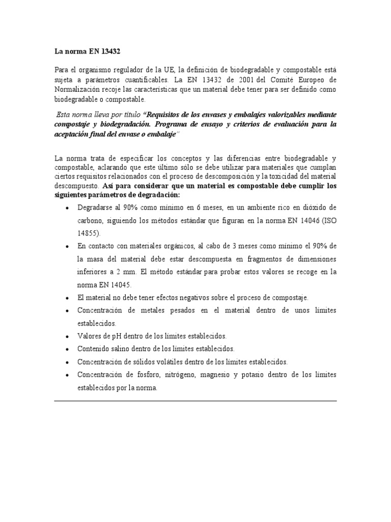 Norma EN 13432: Compostabilidad y Biodegradación | PDF | Biodegradación ...