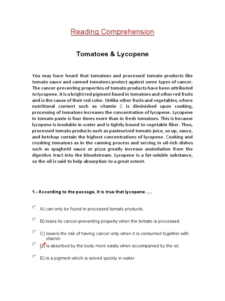 Tomatoes & Lycopene Reading Comprehension | PDF | Tomato | Nutrition