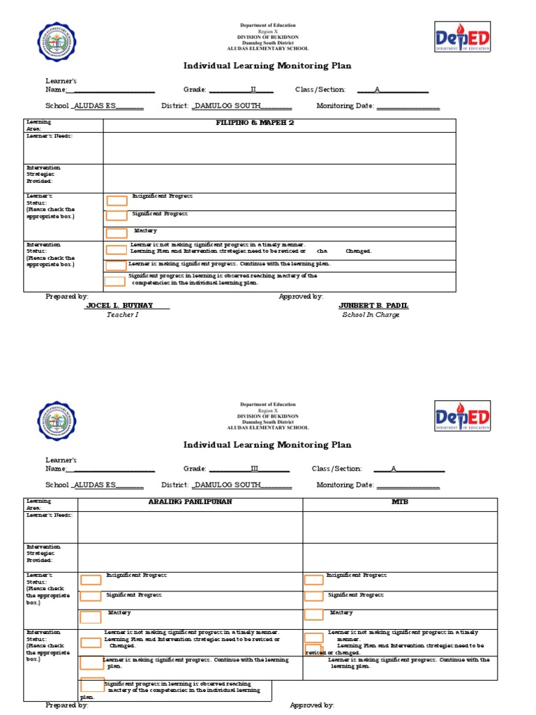 Individual Learning Monitoring Plan Aludas 1 | PDF | Learning | Teachers