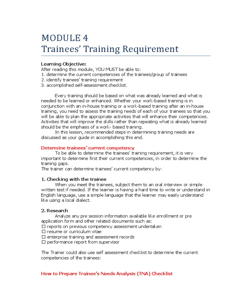 Trainees' Training Requirements Guide | PDF | Learning | Vocational ...