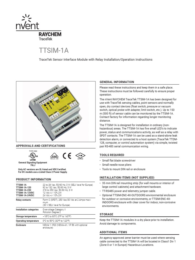 Ttsim-1A: Tracetek Sensor Interface Module With Relay Installation/Operation Instructions | PDF ...