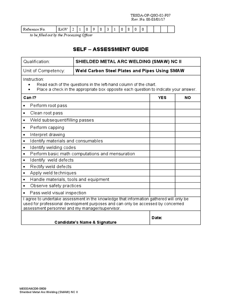 SMAW NC II Self-Assessment Guide | PDF