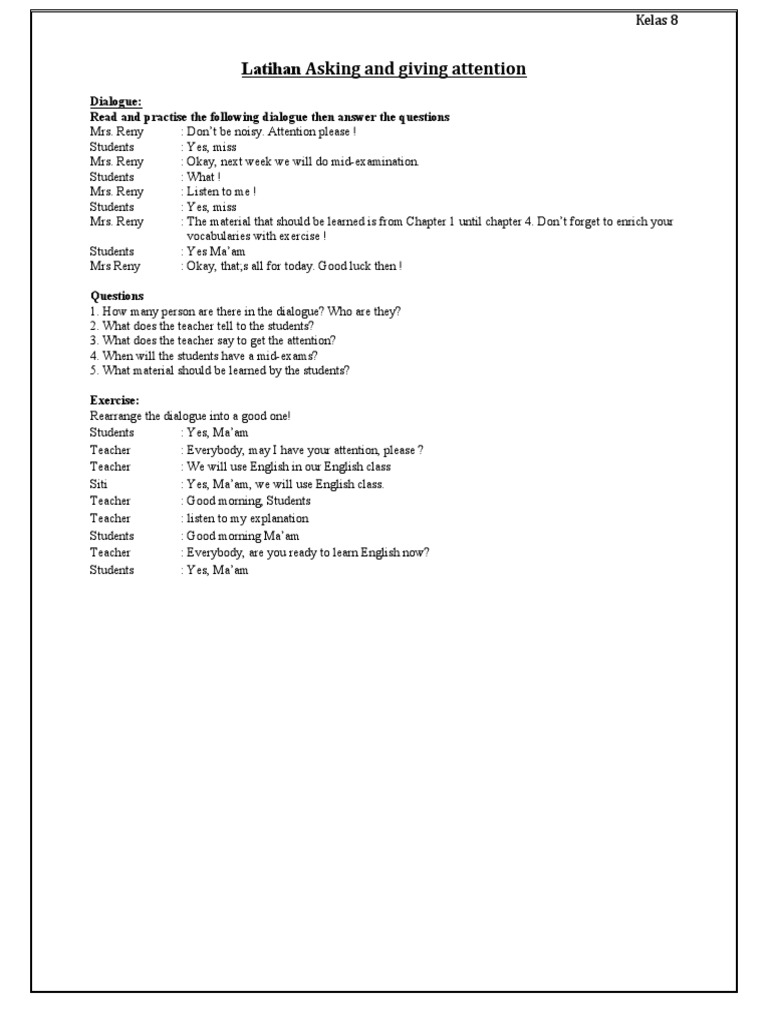 Latihan Asking and Giving Attention: Dialogue: Read and Practise The ...