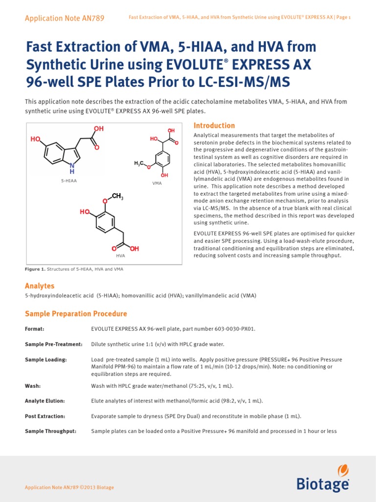 AN789 Fast Extraction of VMA 5-HIAA and HVA From Synthetic Urine | PDF ...