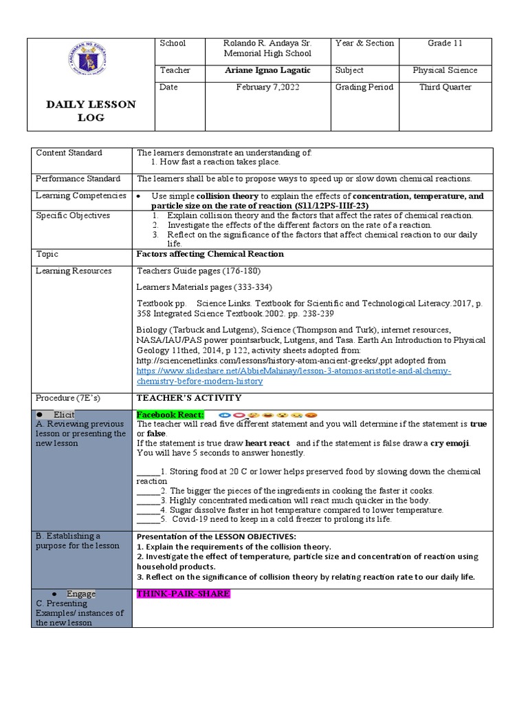 A Detailed Demonstration Lesson Plan Final | PDF | Reaction Rate ...
