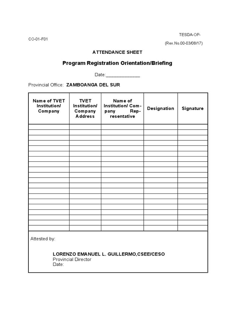 Program Registration Orientation/Briefing: Attendance Sheet | PDF