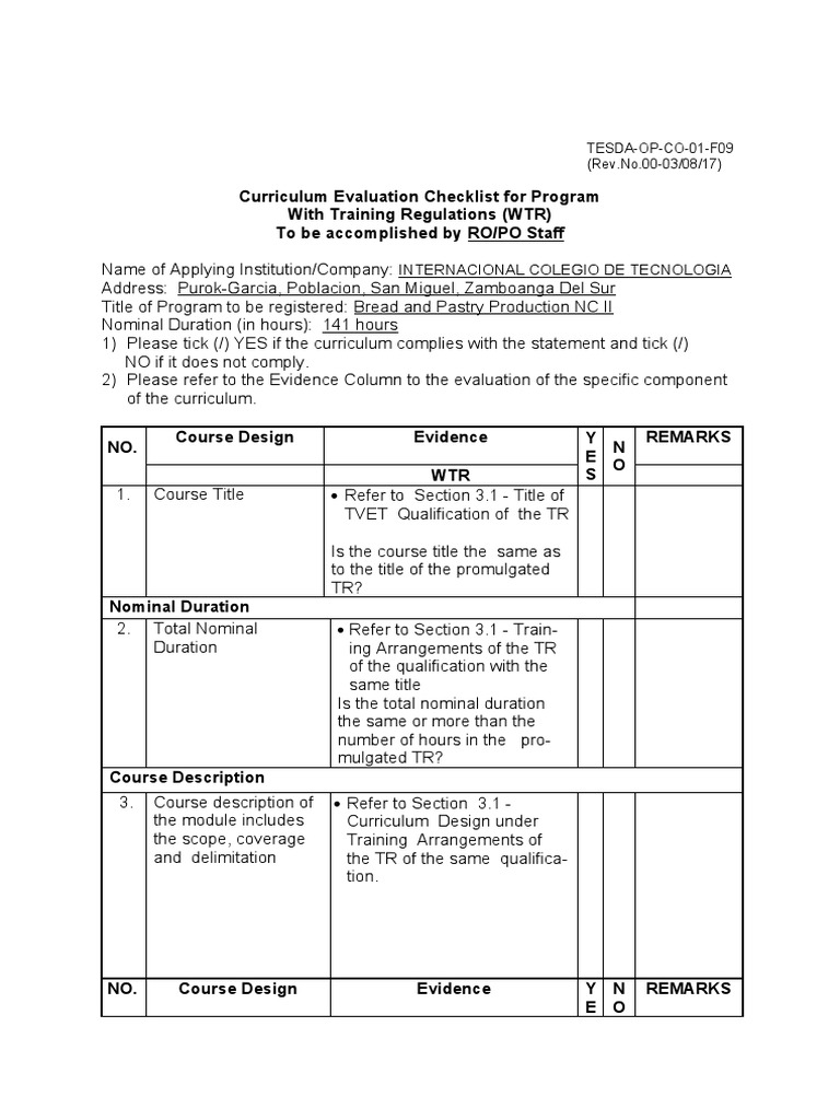 TESDA-OP-CO-01-F09 (Curriculum Evaluation WTR) | PDF | Educational ...