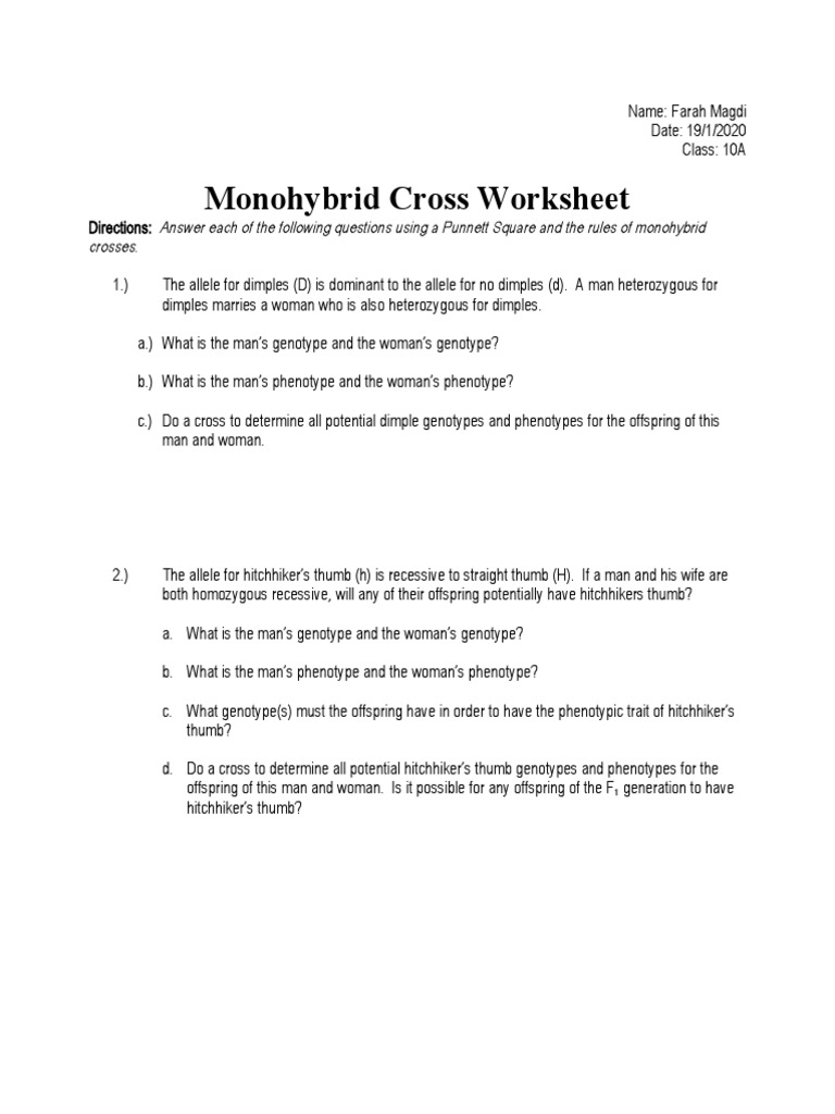 Monohybrid Cross Worksheet | PDF | Dominance (Genetics) | Genotype