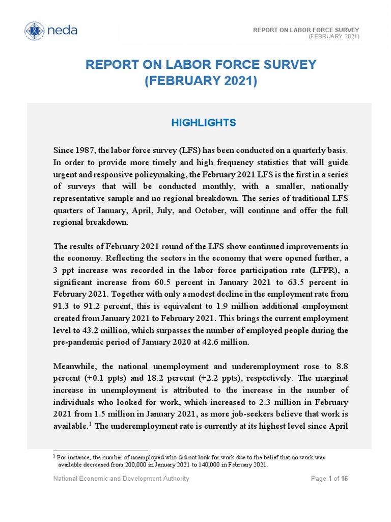 Report On Labor Force Survey (FEBRUARY 2021) : Highlights | PDF ...