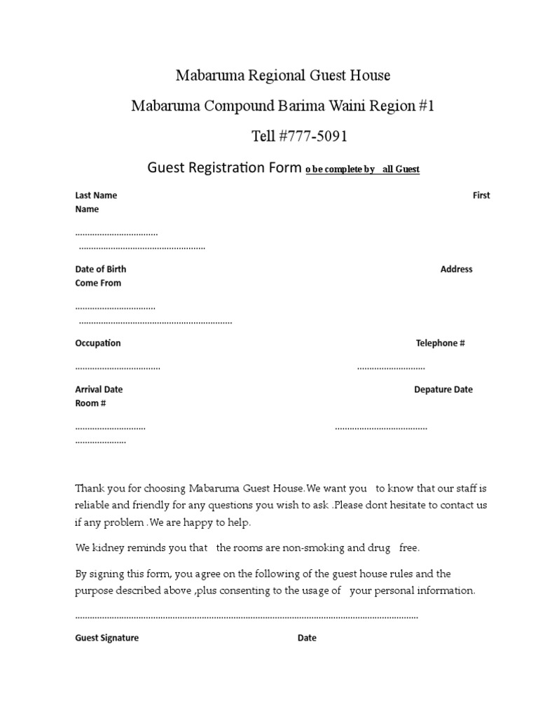 Guest Registration at Mabaruma House | PDF