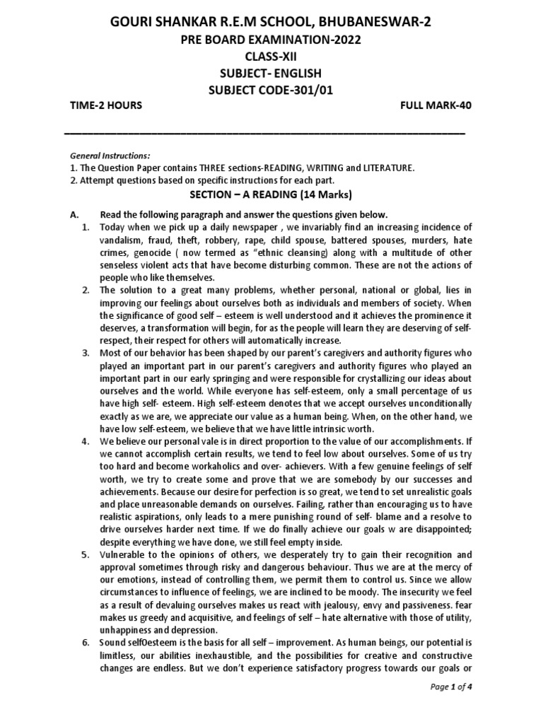 Class XII English Pre-Board Exam 2022 | PDF | Self Esteem ...