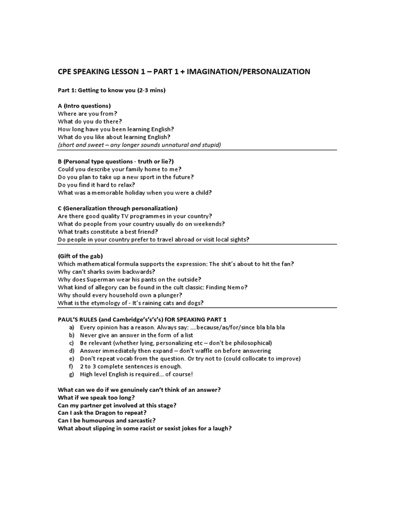 Cpe Speaking Lesson 1 - Part 1 + Imagination/Personalization | PDF
