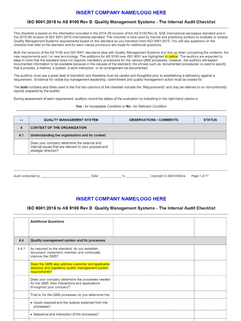 AS-9100-D Over ISO-9001-Audit-Checklist Sample | PDF